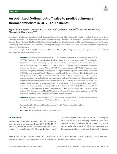 Pdf An Optimized D Dimer Cut Off Value To Predict Pulmonary