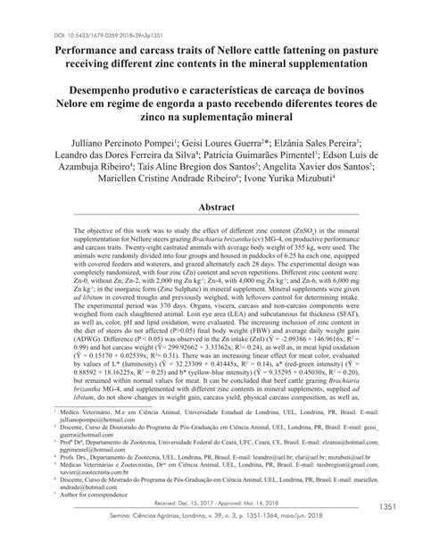 Pdf Performance And Carcass Traits Of Nellore Cattle Fattening On Pasture Receiving Different