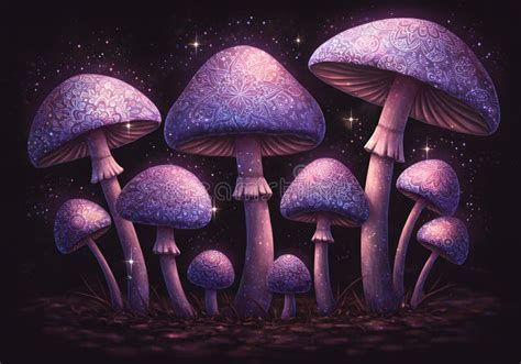 Glowing Purple Mushrooms Fantasy Illustration Stock Illustration