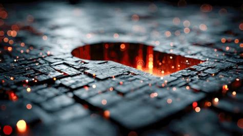 Abstract Digital Lock Symbol Composed Of Black Circuitry And Glowing