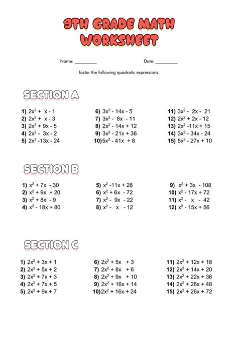 Algebra Worksheets Printable 9th Grade