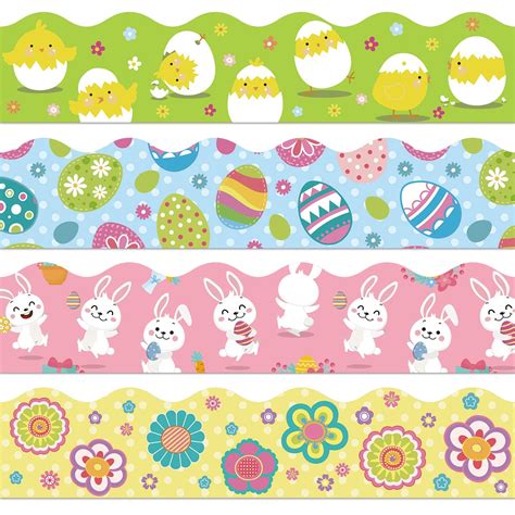 Whaline 69ft Easter Bulletin Board Border Cartoon Easter Bunny Egg Chicken Flower Decoration