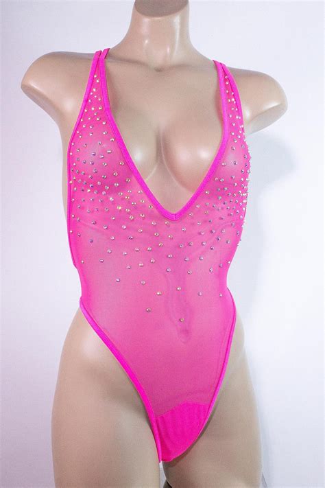 Cheeky High Cut Stretch Mesh Bodysuit With Crystals Embellishment