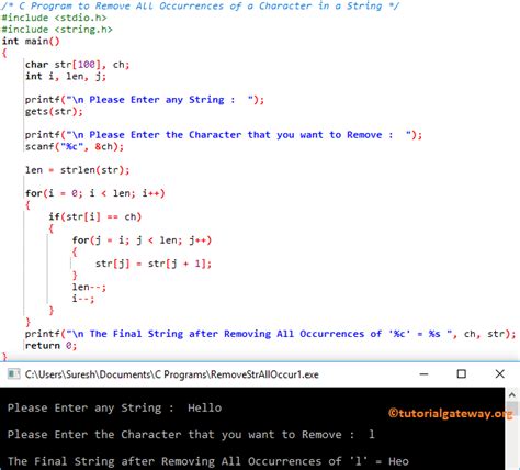 C Program To Remove All Occurrences Of A Character In A String