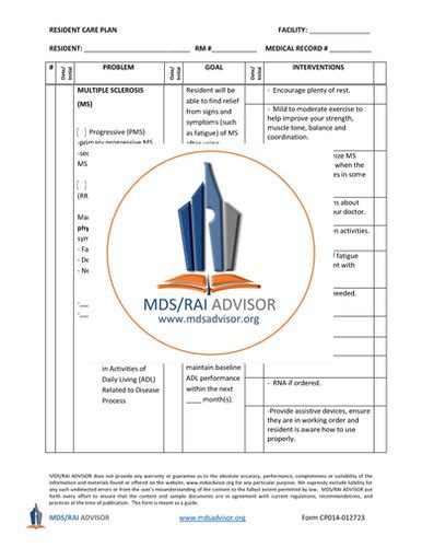 Multiple Sclerosis Care Plan For Snfnursing Homes Mdsrai Advisor