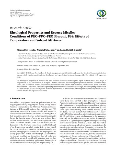 Pdf Rheological Properties And Reverse Micelles Conditions Of Peo Ppo Peo Pluronic F68