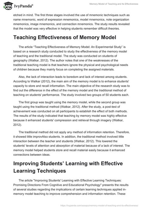 Memory Model Of Teaching And Its Effectiveness 1189 Words Article Example