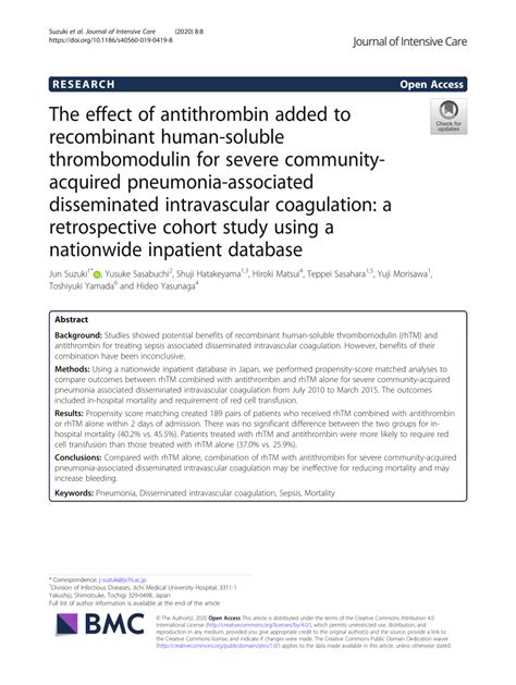 Pdf The Effect Of Antithrombin Added To Recombinant Human Soluble Thrombomodulin For Severe