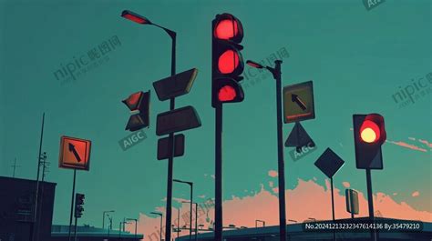 Ai创作图交通灯插画素材 城市红灯路口 手绘红绿灯 卡通红绿灯 漫画红绿灯 夜晚红绿灯路口 日落街道插画 夜景交通信号灯 卡通红绿灯素材 红绿灯素材 红绿灯街道 交通信号灯光效果 夜晚红绿灯