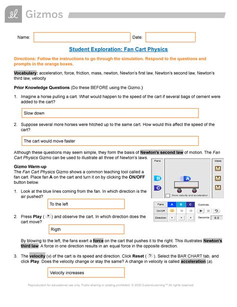 Gizmo Lab Fan Cart Physics Name Date Student Exploration Fan Cart Physics Directions