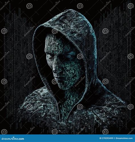 Hacker A Man In A Hooded Jacket With A Digital Pattern On His Face And A Hoodie On A Black