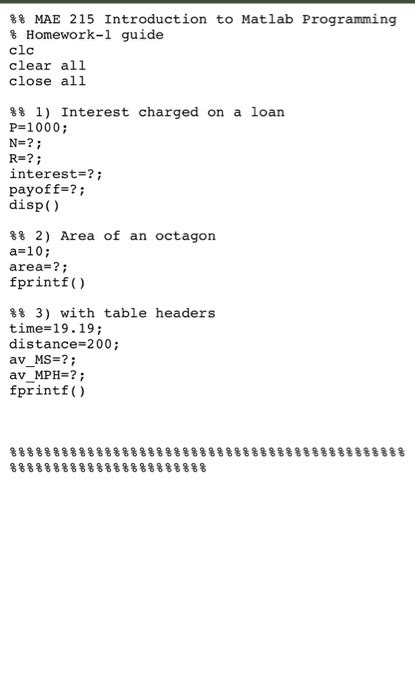 Solved Mae 215 Introduction To Matlab Programming