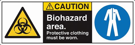 Ansi Z535 안전 표지 표시 라벨 기호 픽토그램 표준 주의 생물학적 위험 지역 보호복은 텍스트 풍경 검정 02가 있는 두 개의 기호를 착용해야 합니다 경계 표지에 대한