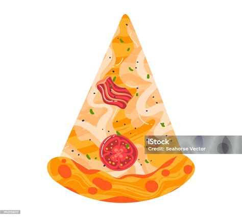 치즈 토마토 베이컨 토핑을 얹은 피자 슬라이스 평면 디자인 음식 일러스트 만화 스타일 맛 있는 패스트 푸드 이탈리아 요리 벡터 일러스트 레이 션 0명에 대한 스톡 벡터 아트