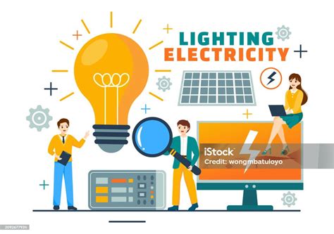 조명 및 전기 벡터 일러스트 레이 션 램프 및 에너지 유지 보수 서비스 패널 캐비닛 기술자 전기 작업 평면 배경 건설 산업에 대한 스톡 벡터 아트 및 기타 이미지 Istock