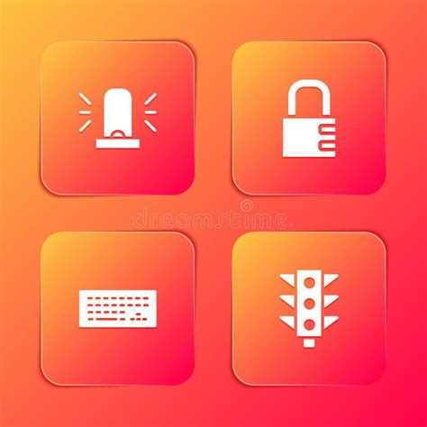 Set Flasher Siren Safe Combination Lock Keyboard And Traffic Light Icon Vector Stock