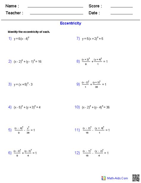 Conic Sections Parabola Worksheet Printable Word Searches