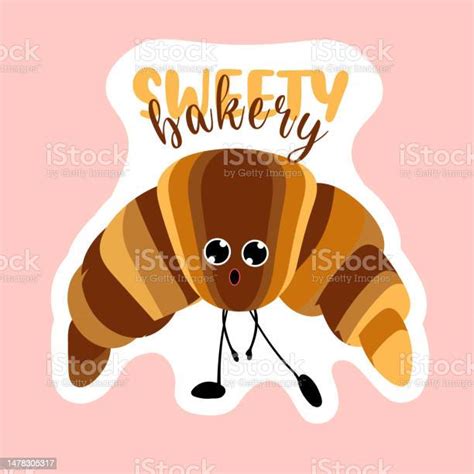 스티커 달콤한 파이 수제 크로와상 베이커리 로고 빵집과 제과 벡터 삽화 크로와상 만화 캐릭터 개념에 대한 스톡 벡터 아트 및
