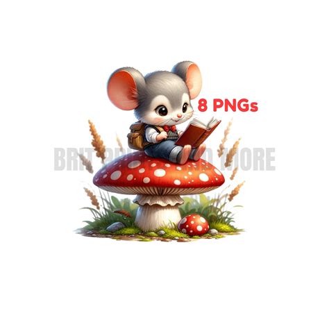 Set Of 8 Cute Toadstool Mice Png Cute Book Mice Gnome Clip Art Mouse And Toadstool Sublimation