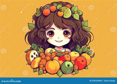 Cute Chibi Young Woman With Fresh Vegetables And Fruits Stock
