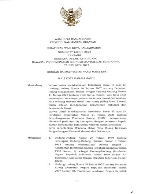 Perwal No 77 Tahun 2022 Tentang Rdtr Kpe Mantuil Dan Sekitarnya Tahun