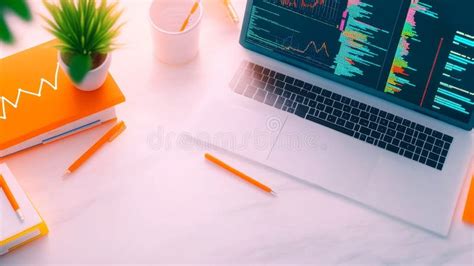 Data Analysis Workspace Modern Workspace Laptop Code Growth Chart Pencils Planning Success Stock
