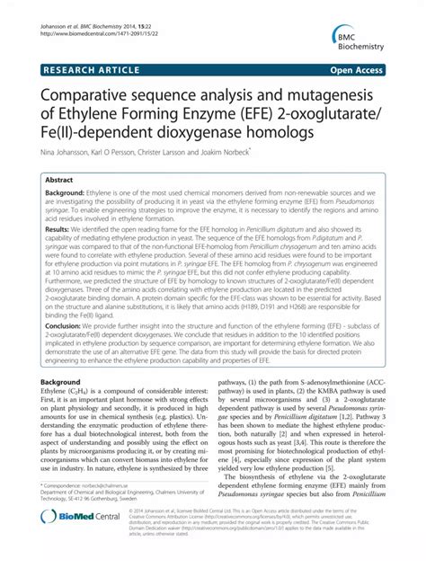 Pdf Comparative Sequence Analysis And Mutagenesis Of Ethylene Forming