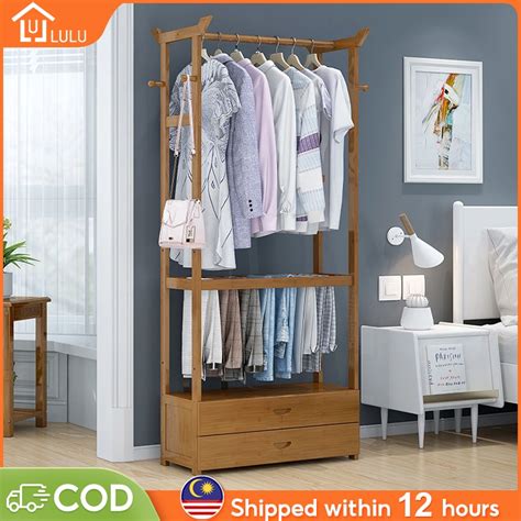 Bamboo Clothes Rack 2 Drawers 427090cm Clothes Hanging Rack Coat Rack