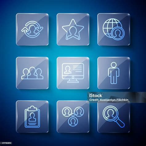 이력서 프로젝트 팀 기반 검색을위한 돋보기 지구본과 사람 모니터 사용자 그룹 인적 자원 및 아이콘과 라인 클립 보드를 설정합니다 벡터 개체 그룹에 대한 스톡 벡터 아트 및