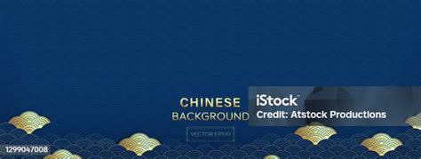 낮은 테두리에 황금 파도와 파란색 배너 배경에 동양 스타일 패턴 디자인에 대한 스톡 벡터 아트 및 기타 이미지 디자인