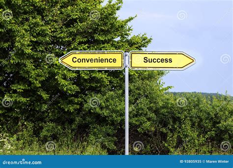 Yellow Road Signs Pointing In Opposite Directions With Text Convenience Success Green Bushes