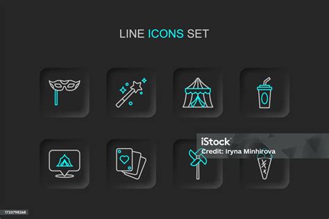 와플 바람개비 장난감 카드 놀이 서커스 텐트 물이 든 종이 유리 마술 지팡이 및 축제 마스크 아이콘에 아이스크림을 설정합니다 벡터 기에 대한 스톡 벡터 아트 및 기타 이미지