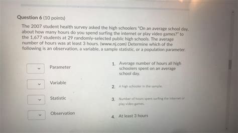 [solved] Find Parameter Variable Statistic Observation Question 6 10