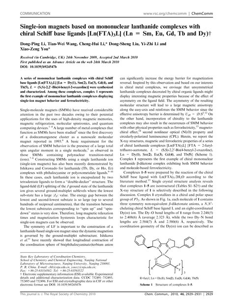 Pdf Single Ion Magnets Based On Mononuclear Lanthanide Complexes With Chiral Schiff Base