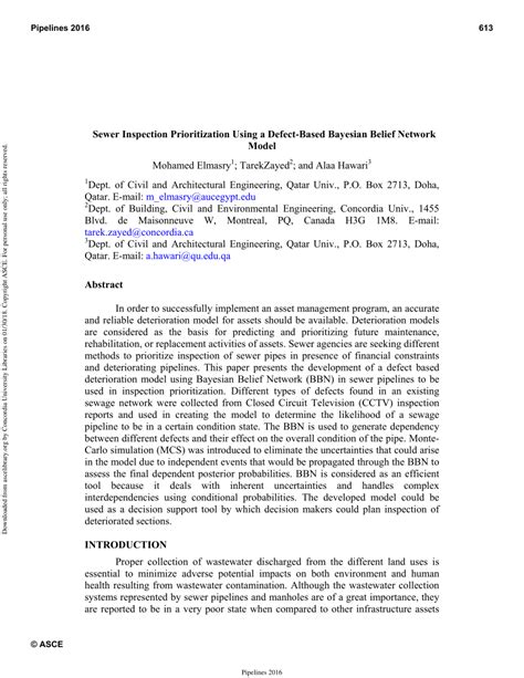Pdf Sewer Inspection Prioritization Using A Defect Based Bayesian Belief Network Model