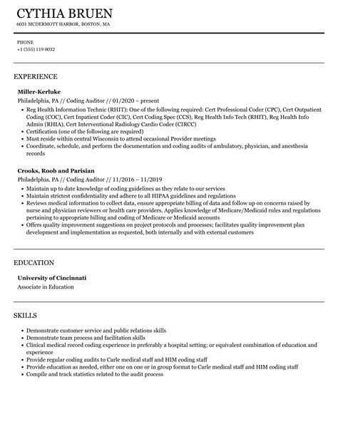 Coding Auditor Resume Samples Velvet Jobs