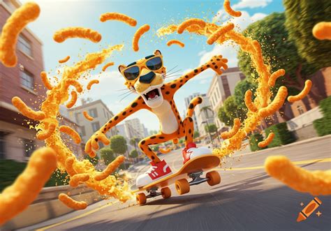 Chester Cheetah In Sunglasses Skateboards Down A Street Surrounded By