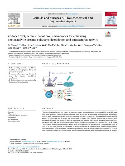 pdf zr doped tio2 ceramic nanofibrous membranes for enhancing