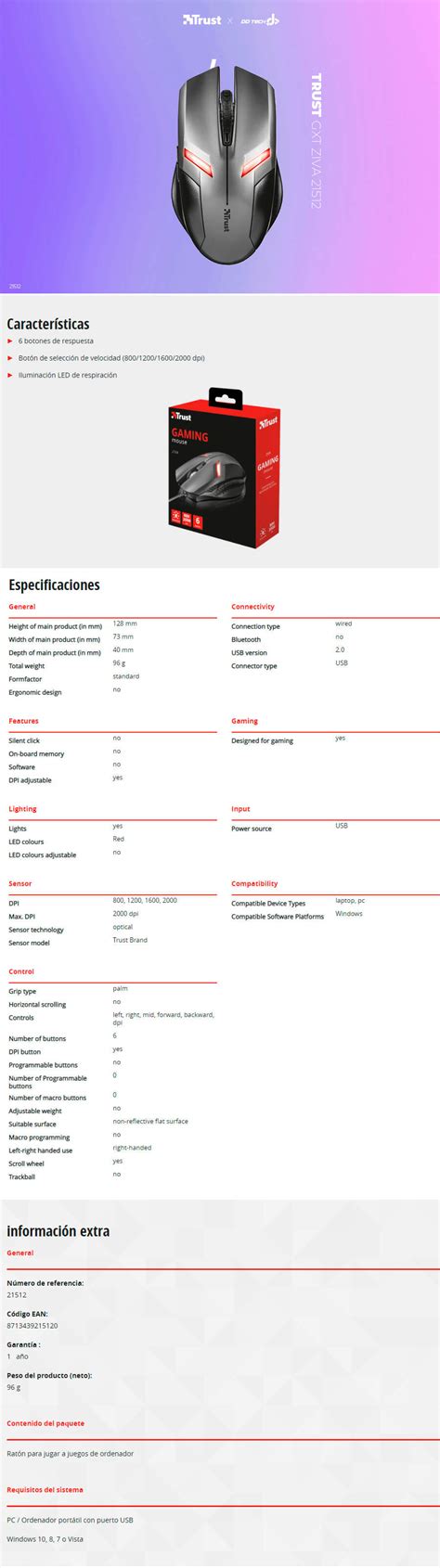 Mouse Gamer Alambrico Trust Gxt Ziva Usb 800 2000 Dpi Model