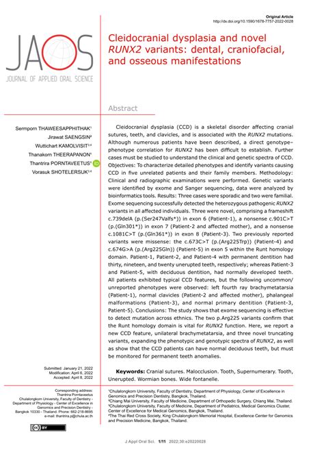 Pdf Cleidocranial Dysplasia And Novel Runx2 Variants Dental