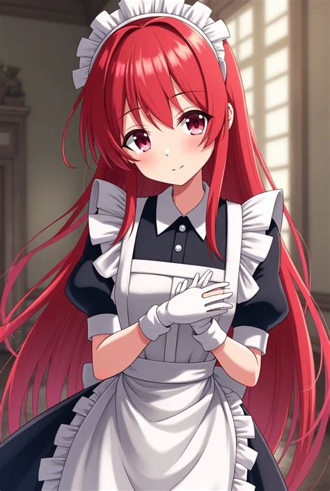 Maid，white Gloves，red Long Hair Anime Girl ，anime Style Seaart Ai