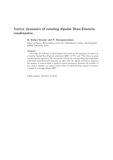 Pdf Vortex Dynamics Of Rotating Dipolar Bose Einstein Condensates