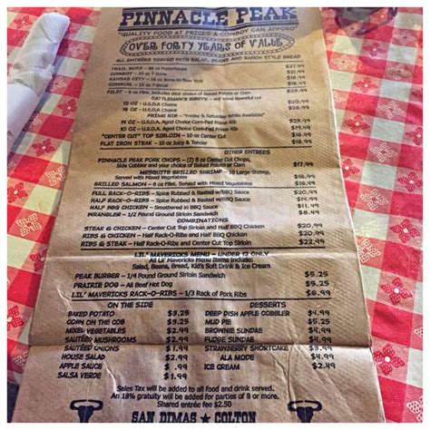 Menu At Pinnacle Peak Steakhouse Colton S La Cadena Dr