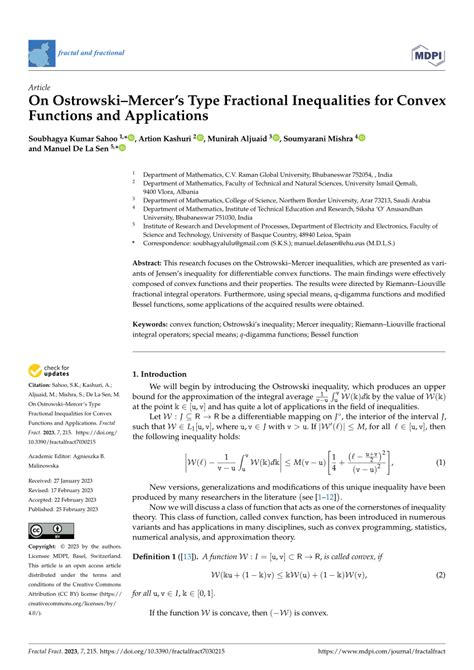 Pdf On Ostrowski Mercers Type Fractional Inequalities For Convex Functions And Applications