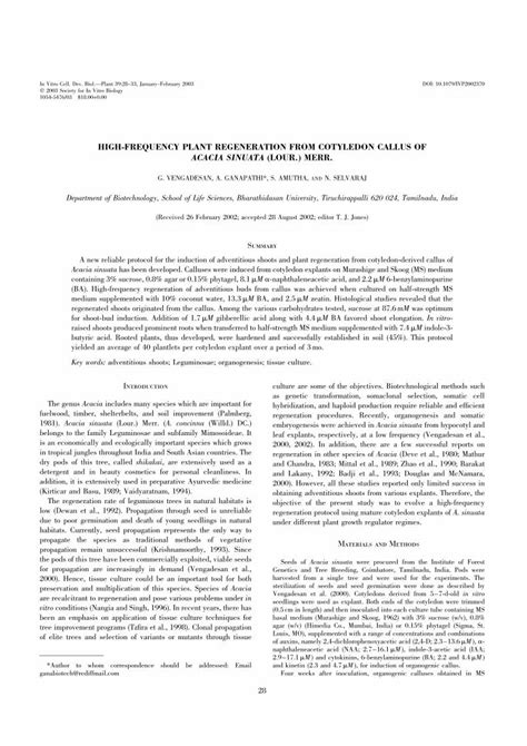 Pdf High Frequency Plant Regeneration From Cotyledon Callus Of Acacia