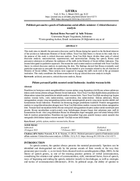 Pdf Political Persuasive Speech Of Indonesian Social Affairs Minister Critical Discourse Analysis