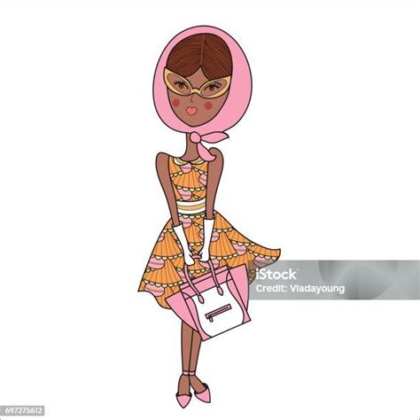 흰색 배경에 고립 된 부 대를 가진 아름 다운 젊은 아프리카계 미국인 여자 패션 여자의 벡터 그림입니다 가방에 대한 스톡 벡터 아트 및 기타 이미지 Istock