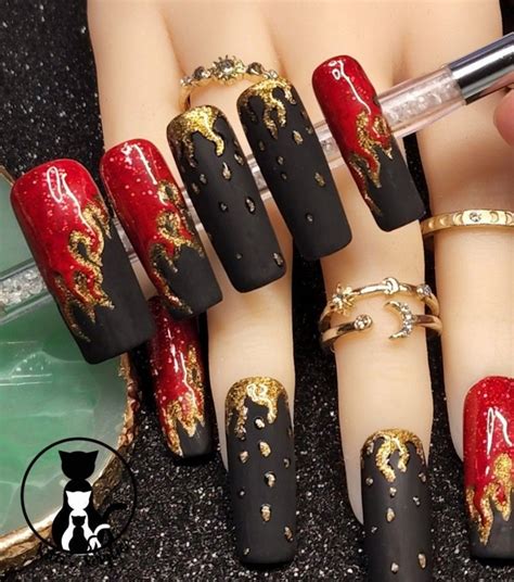 Fire Red Flames And Gold Glitter Matte Black Custom Press On Etsy