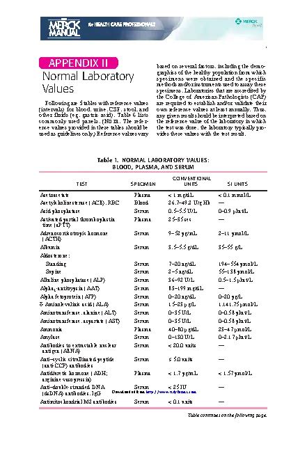 Normal Lab Values Blood Plasma And Serum Pdfsimpli