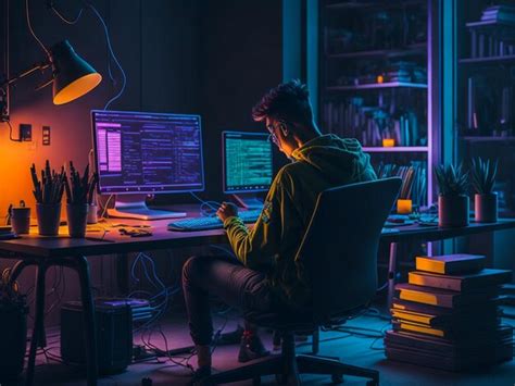 Premium Ai Image Student Doing Coding On His Computer Setup With